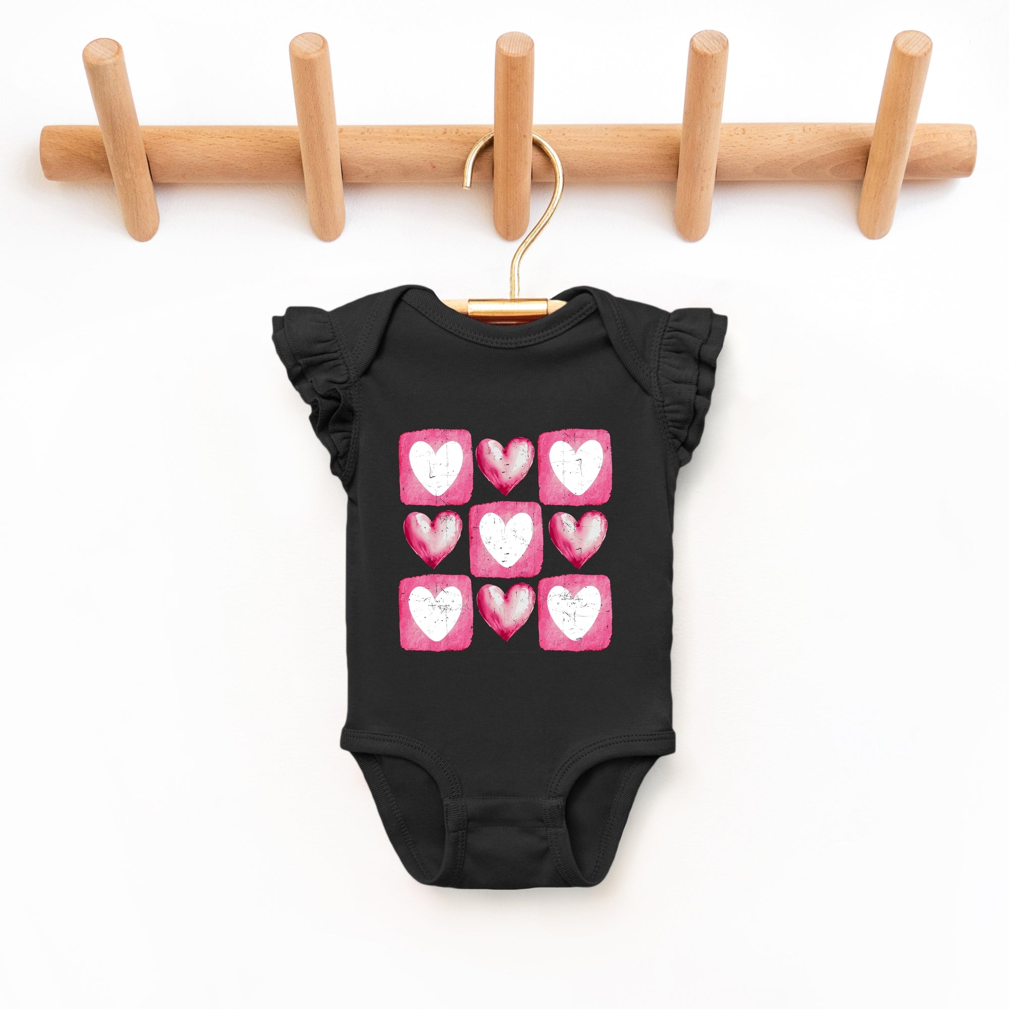 Pink Heart Grid - Baby Flutter Sleeve Bodysuit