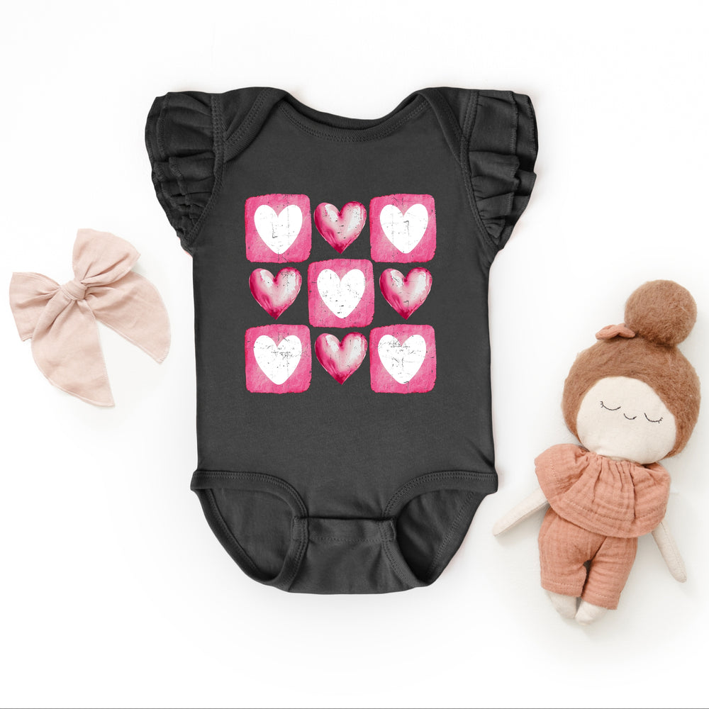 Pink Heart Grid - Baby Flutter Sleeve Bodysuit