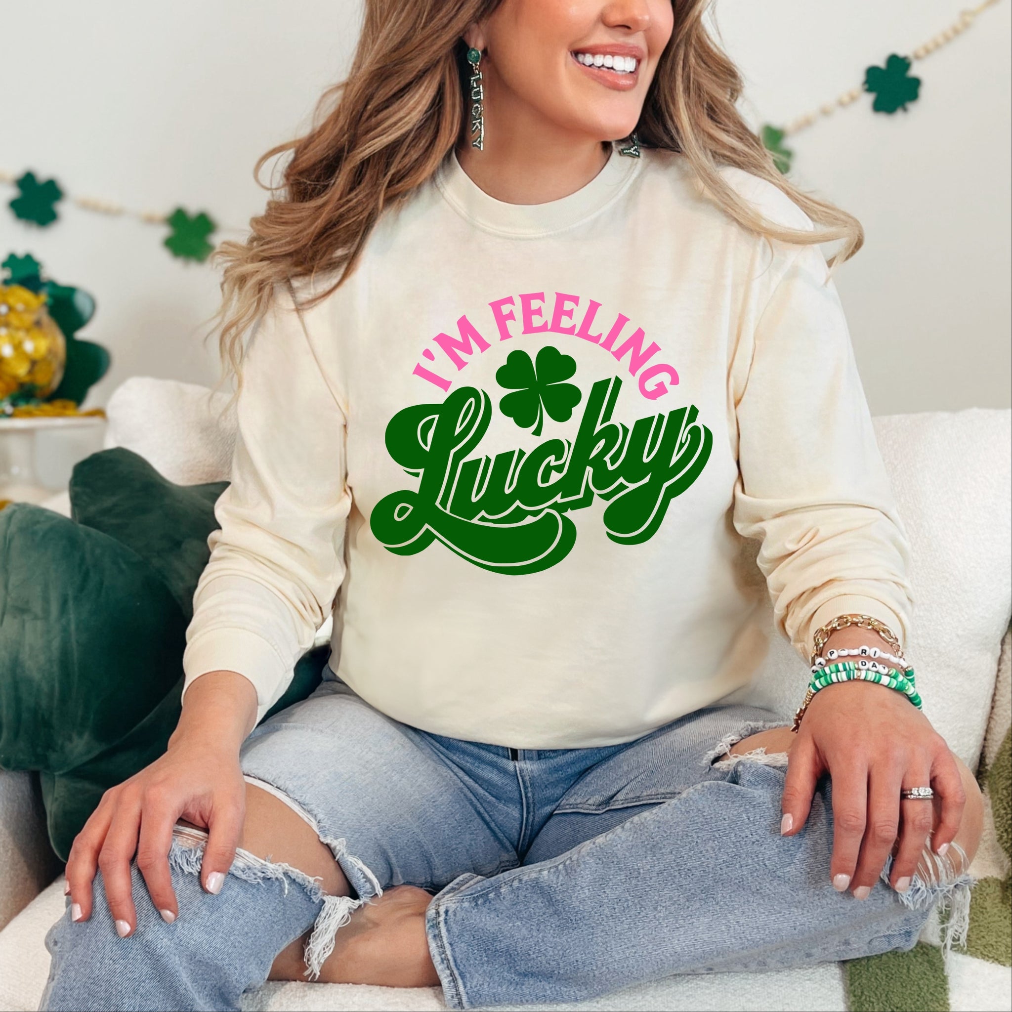 I'm Feeling Lucky Colorful - Women's Garment Dyed Long Sleeve Graphic